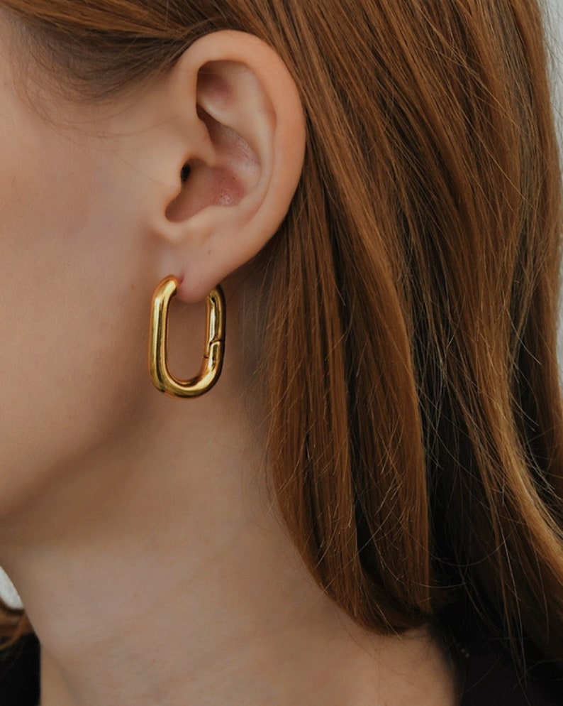 18K Gold Rectangle Hoops Geometric Hoops Chunky Hoop - Etsy