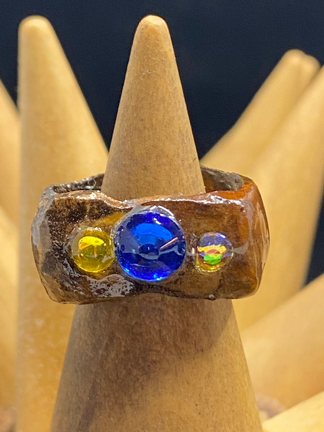 Small Hand Carved Wood Ring With Blue and Gold Crystals - Etsy
