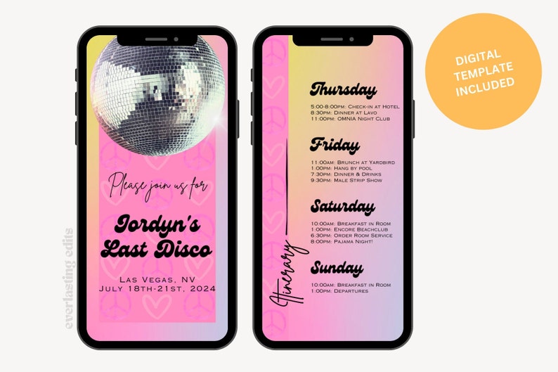 Disco Bachelorette Invitation With Itinerary Included - Editable ...