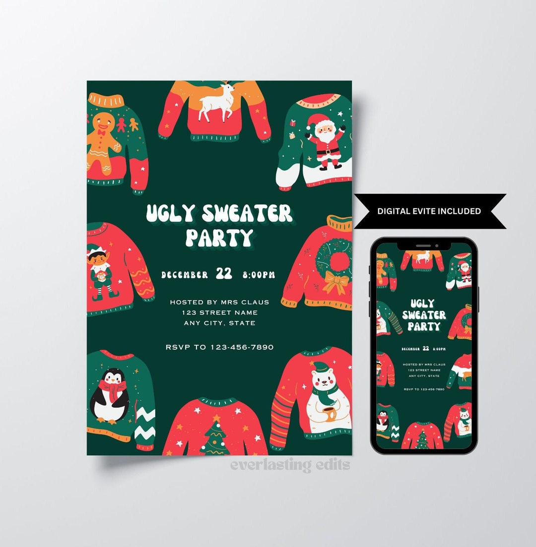 Ugly Christmas Sweater Party Invitation - Holiday Party, Xmas Invite ...