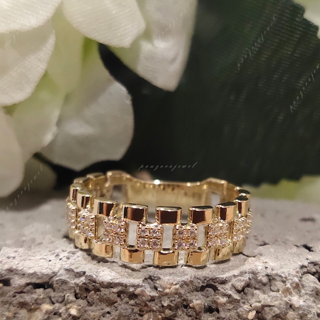 Rolex Style Diamond Ring 18k Yellow Gold Wedding Band Chain Shape ...