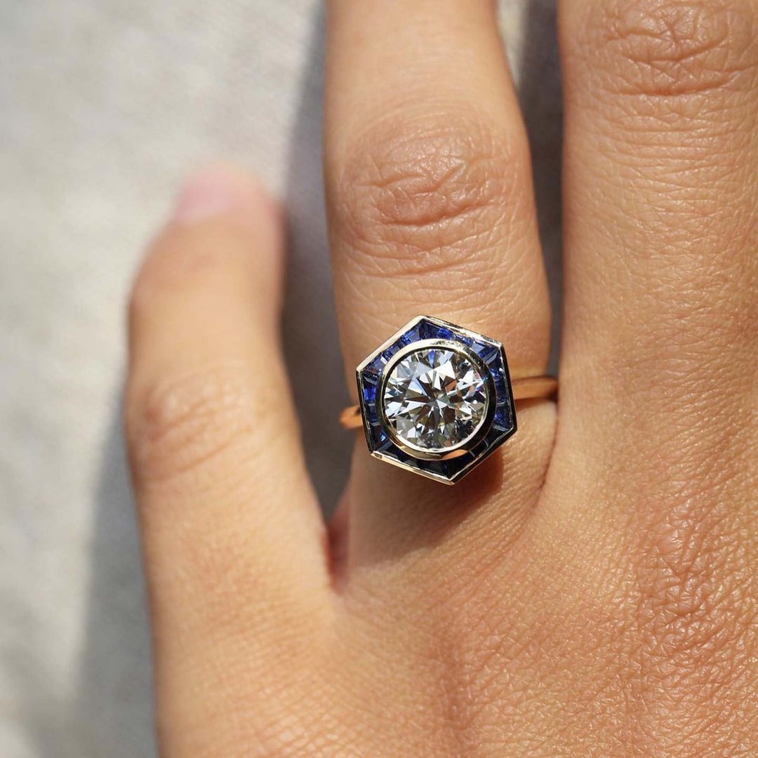 Sapphire Halo Wedding Ring Hexagon Shaped Bezel Set Moissanite Ring 8mm ...