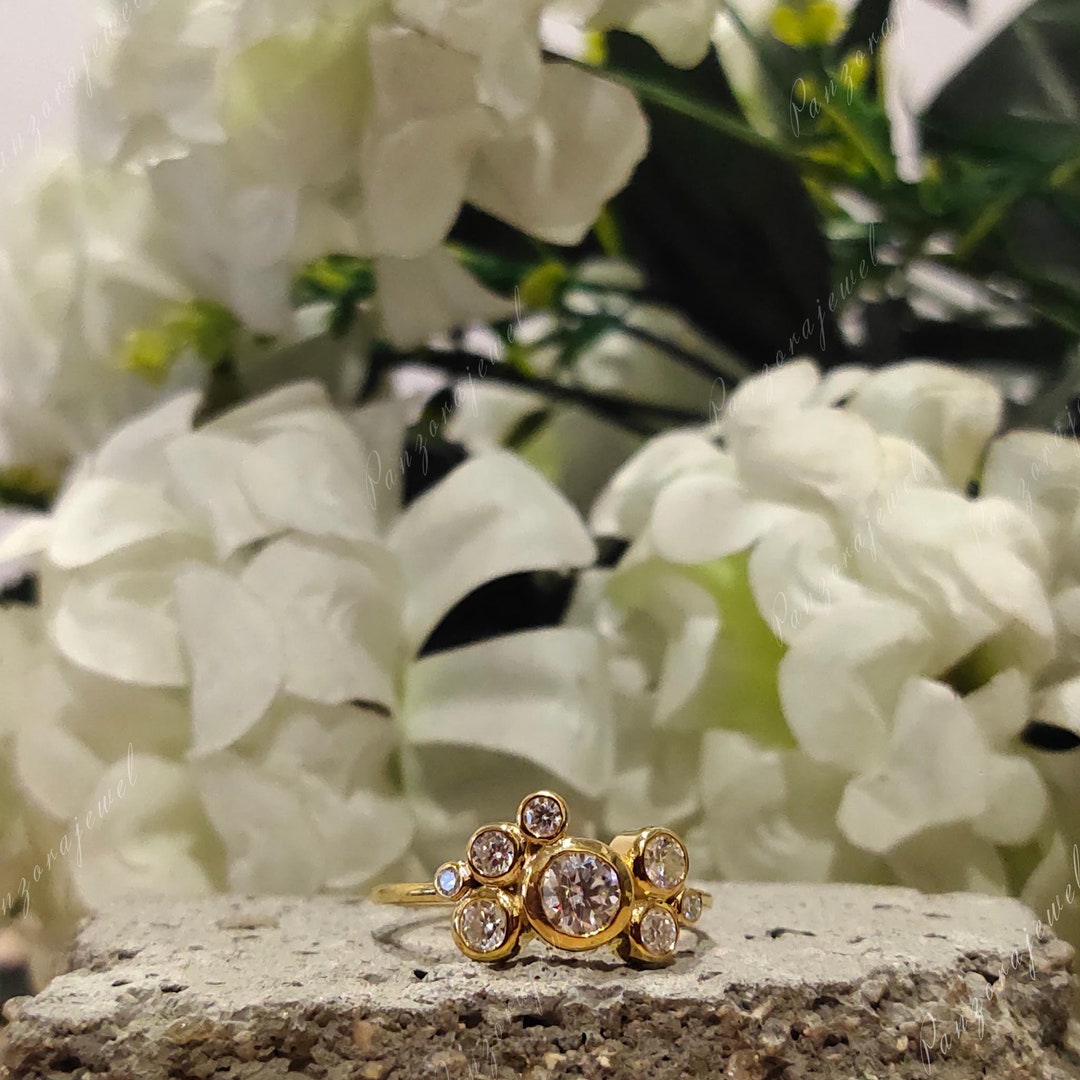 Round Cut Cluster Moissanite Ring | Bezel Set Multi Stone Engagement ...