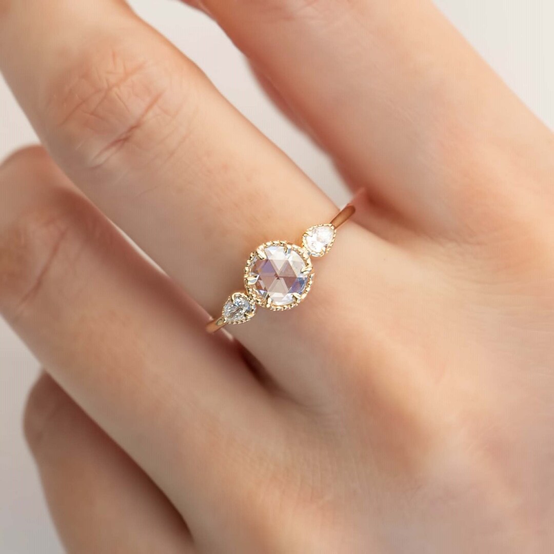 Filigree Bezel Set Moissanite Ring Three Stone Rose Cut - Etsy