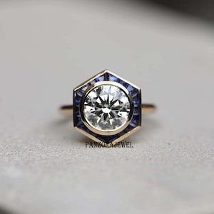 Sapphire Halo Wedding Ring Hexagon Shaped Bezel Set Moissanite Ring 8mm ...