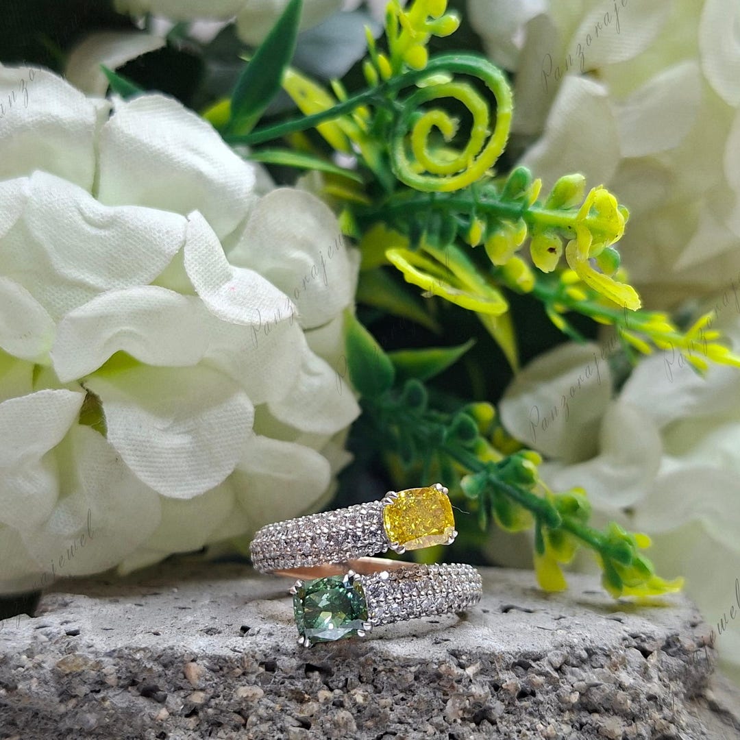 Open Band Lab Grown Diamond Ring | 4CT Cushion Cut Yellow & Green ...
