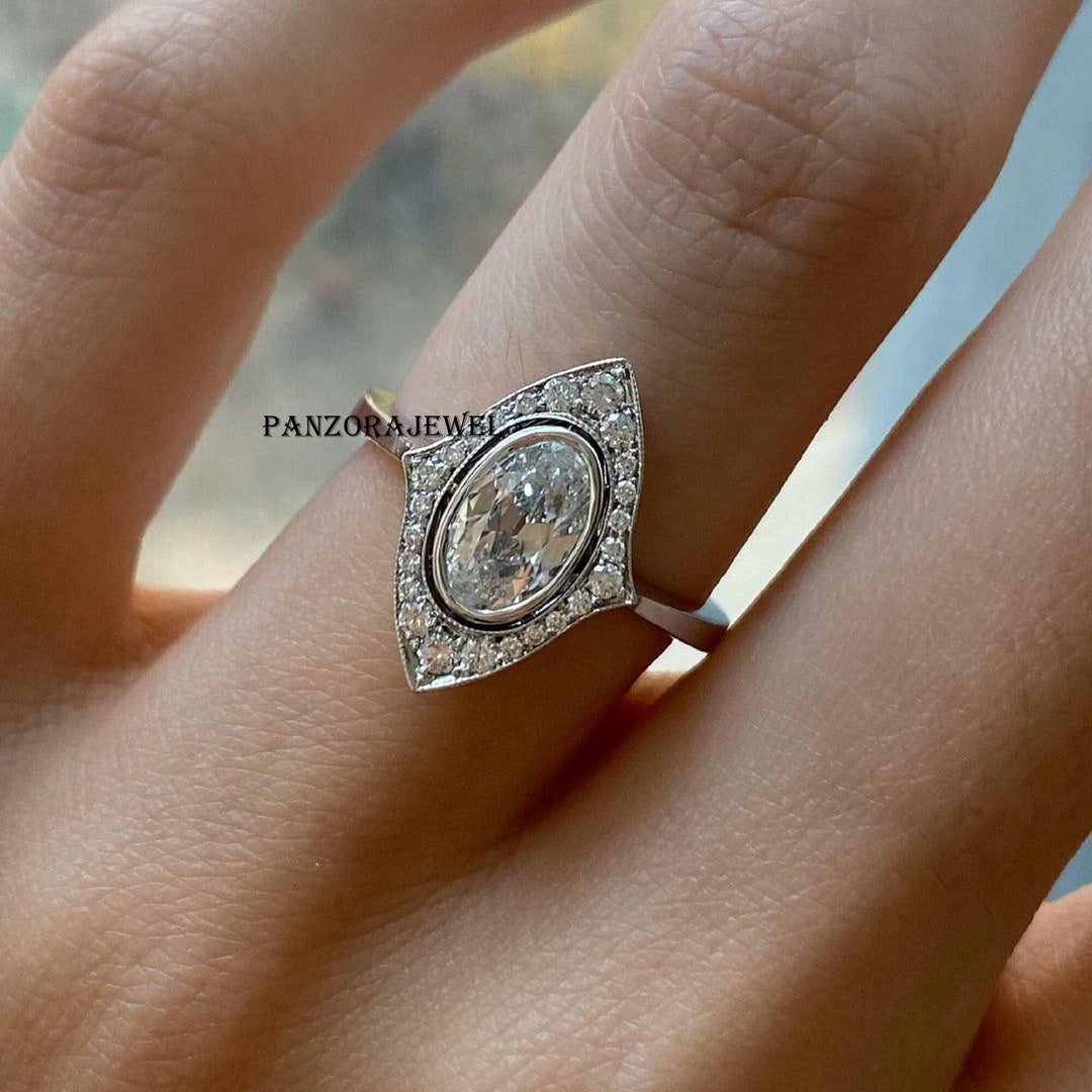 Antique Moissanite Engagement Ring Halo Wedding Ring Bezel Set Moissanite Ring 2.50 CTW ...