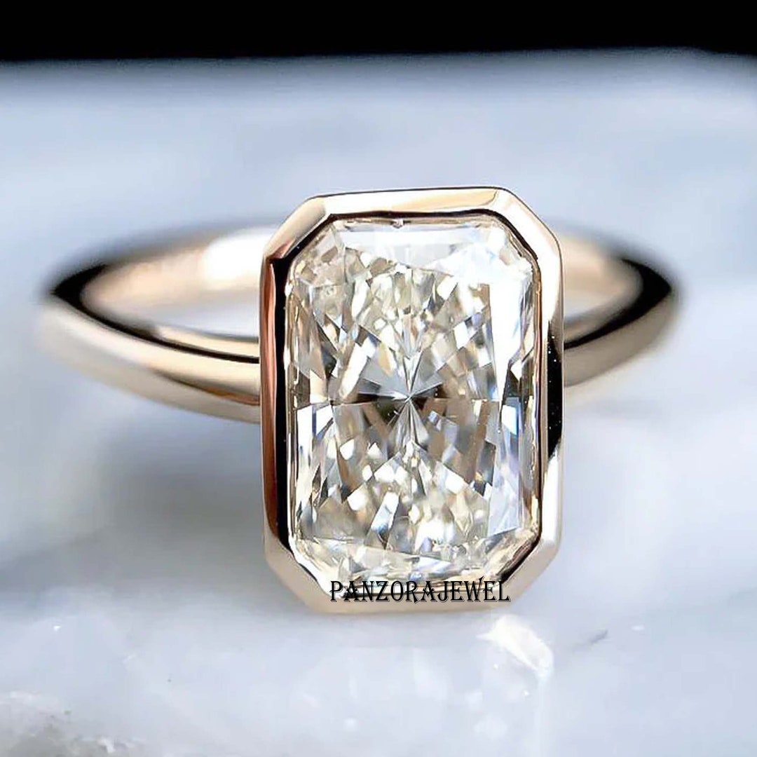 Solitaire Radiant Cut Ring Bezel Set Engagement Ring 2.5 CT Radiant Cut ...