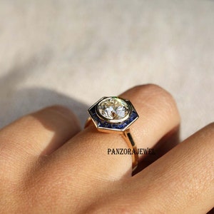 Sapphire Halo Wedding Ring Hexagon Shaped Bezel Set Moissanite Ring 8mm ...