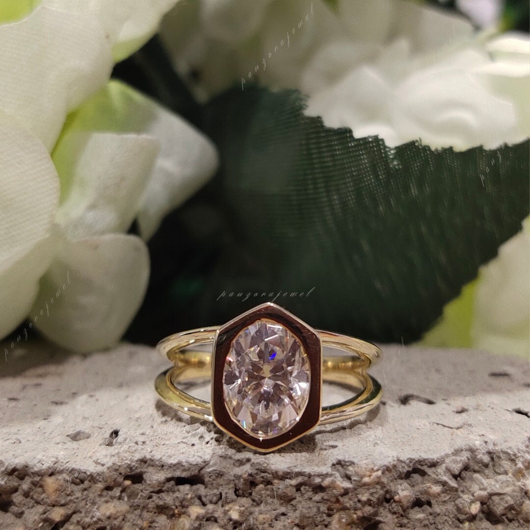 Two Way Band Bezel Set Wedding Ring 2 Carat Oval Cut Moissanite Ring ...