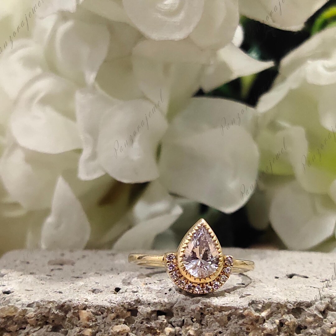 Filigree Bezel Set Half Halo Engagement Ring 8*5 Mm Pear Cut Moissanite ...
