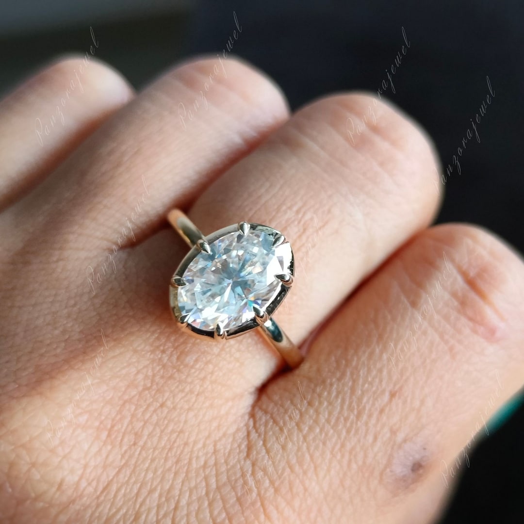 Solitaire Moissanite Engagement Ring Oval Moissanite Ring Bezel Set ...