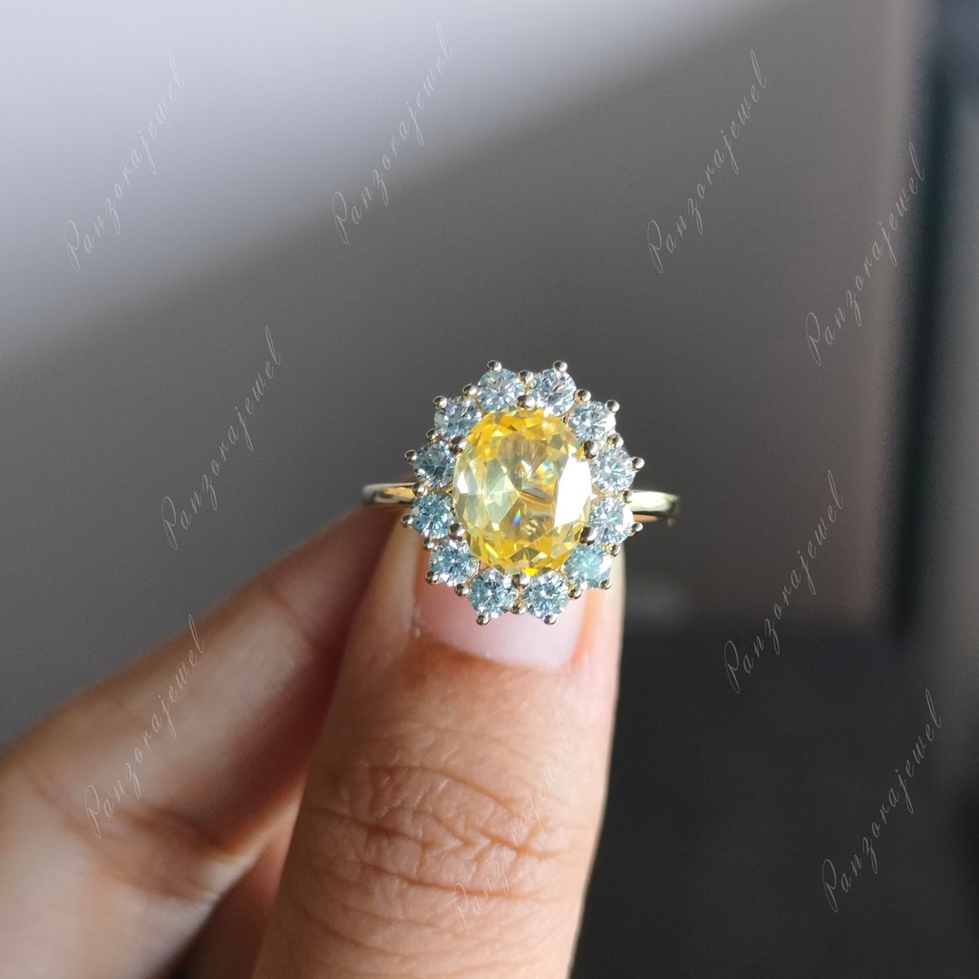 Canary Yellow Oval Engagement Ring Halo Bridal Ring 2CTW Oval Cut ...