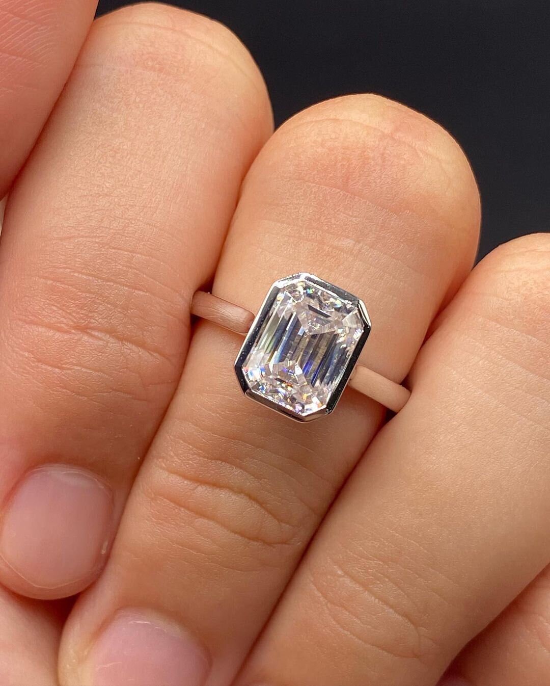 Bezel Set Lab Diamond Ring Solitaire Engagement Ring 7*5 Mm Emerald Cut ...