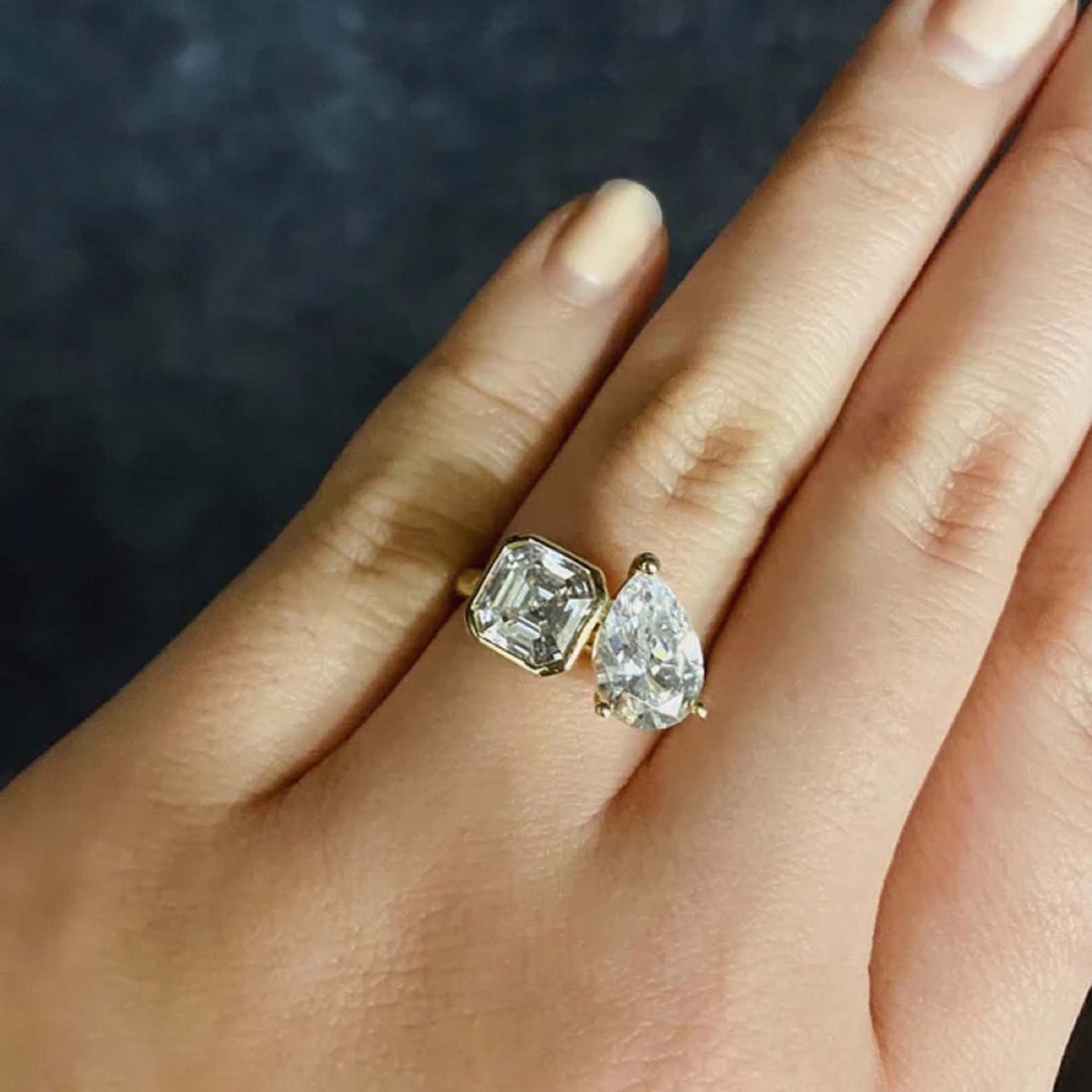 Bezel Set Toi Et Moi Ring Two Stone Moissanite Engagement Ring 3.00 TWC ...