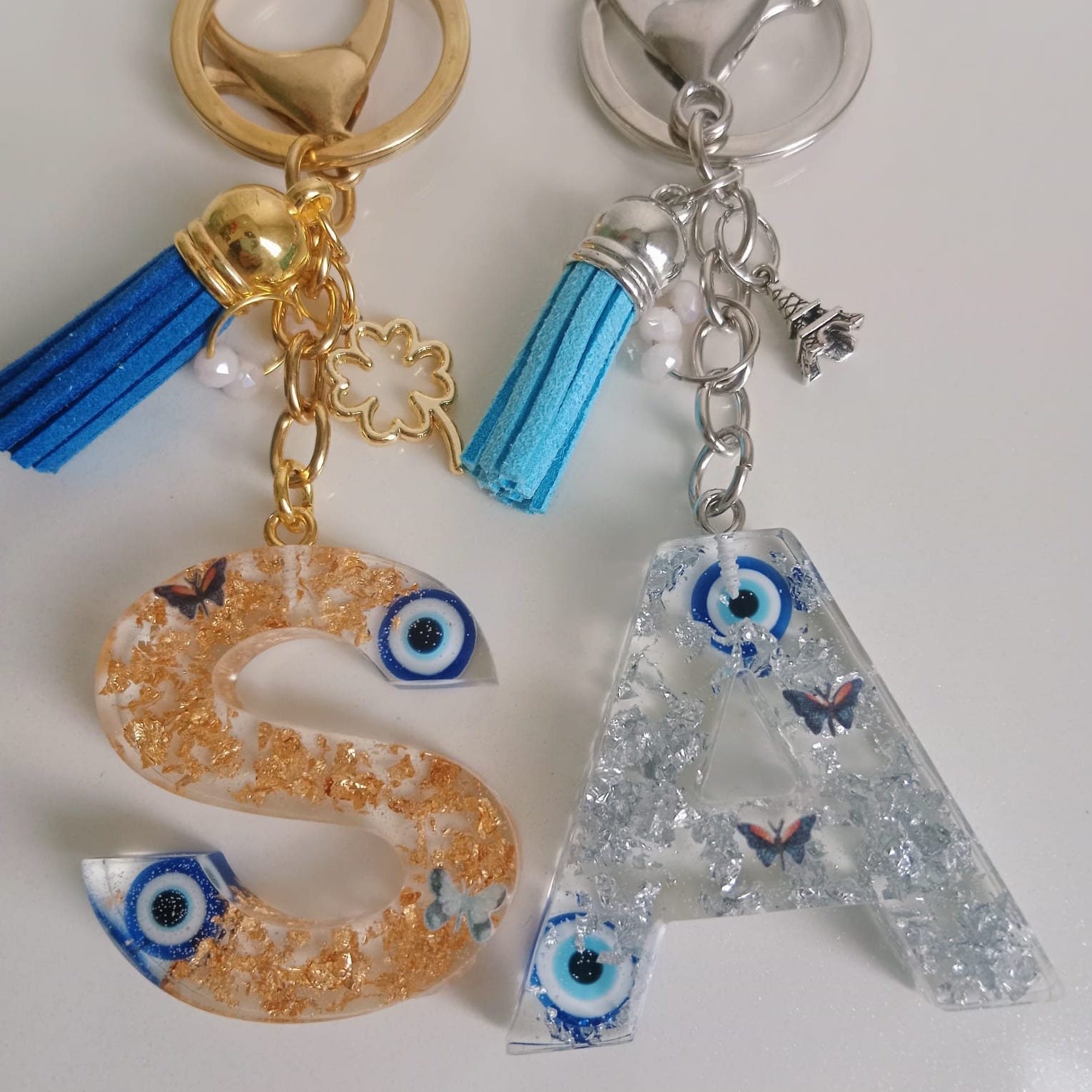 Nazar Evil Eye Epoxy Resin Letter Keychain Personalized Handcrafted ...