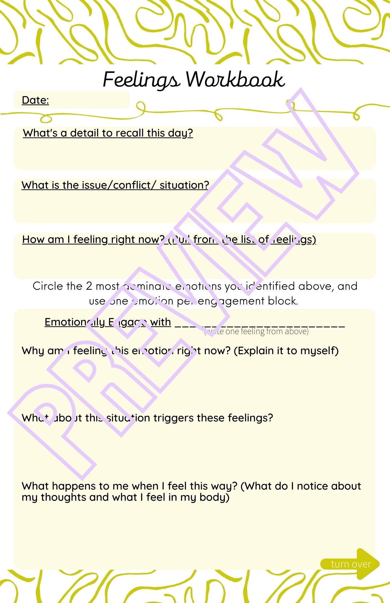 Printable Feelings Workbook for Mindfulness (mustard), Therapy PDF ...
