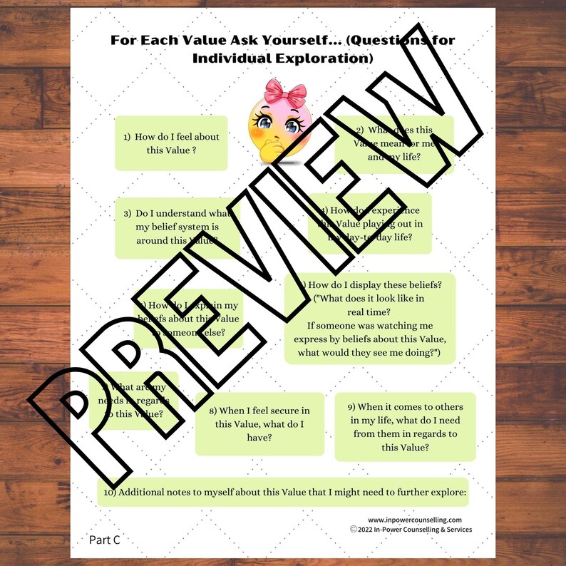 Printable Therapy Tool, the Values Exercise, Therapy PDF, Mental Health ...