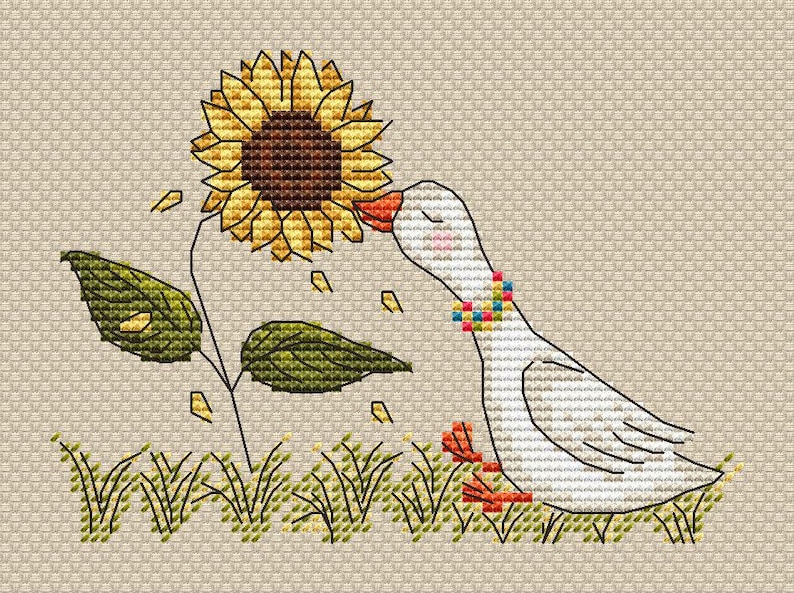 Cross Stitch Art Pattern Goose and Sunflower, Farm Garden Sampler ...