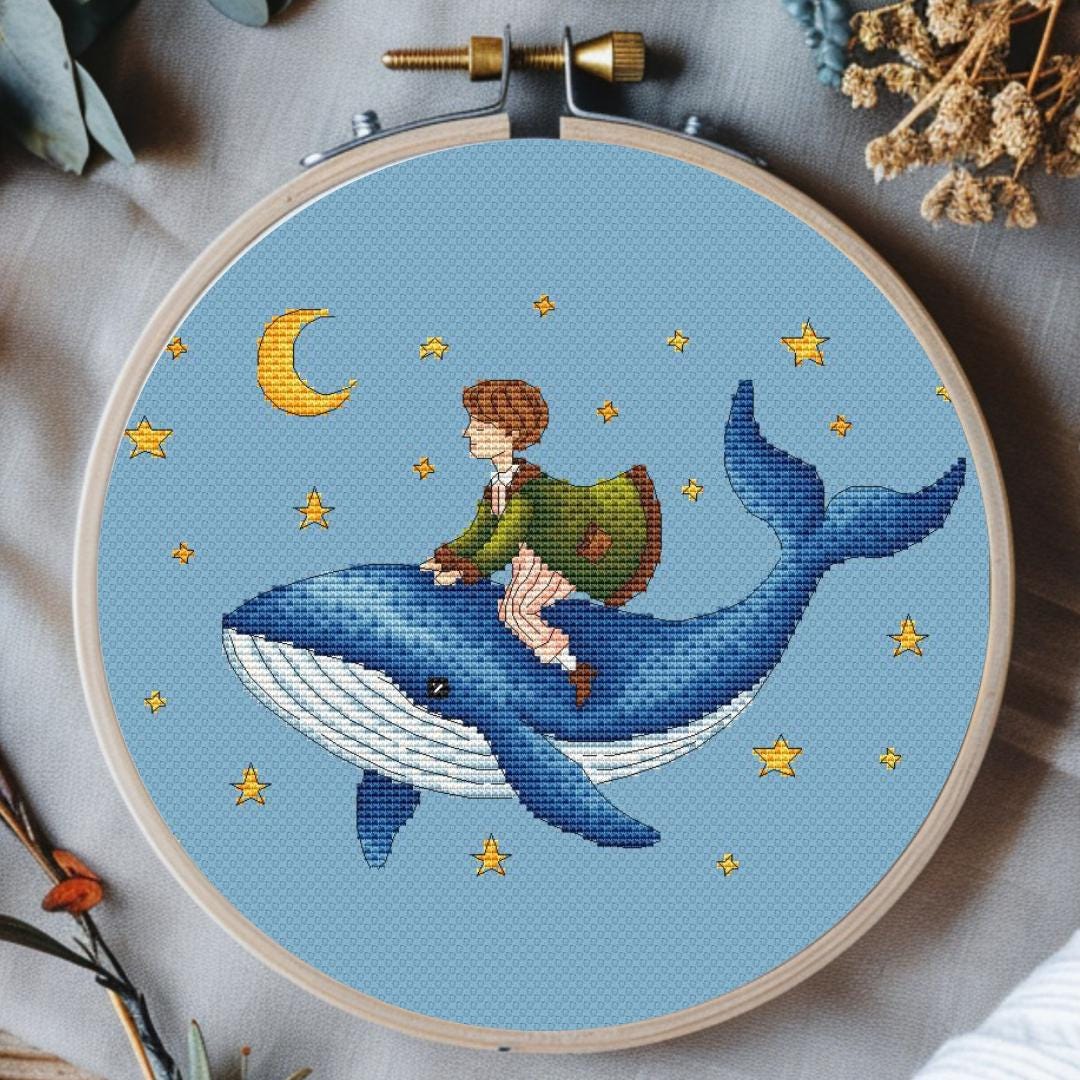 Cross Stitch Art Pattern Little Prince and Blue Magic Whale, Embroidery ...