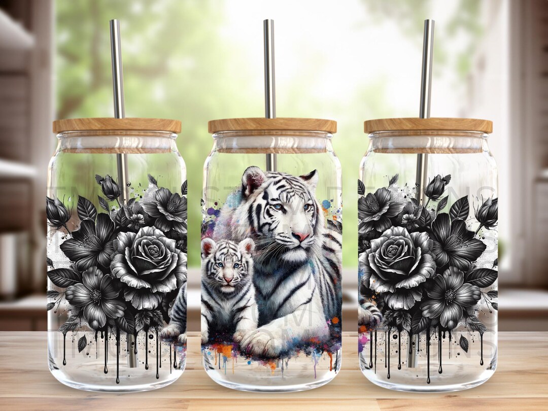 16oz Libby Can Wrap, White Tiger, Cubs, Flowers Sublimation Design ...