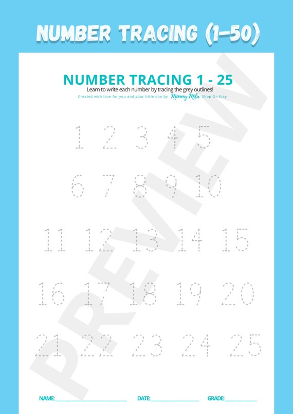 Number Tracing Worksheet 1 to 50 by Mommy Mila | Etsy