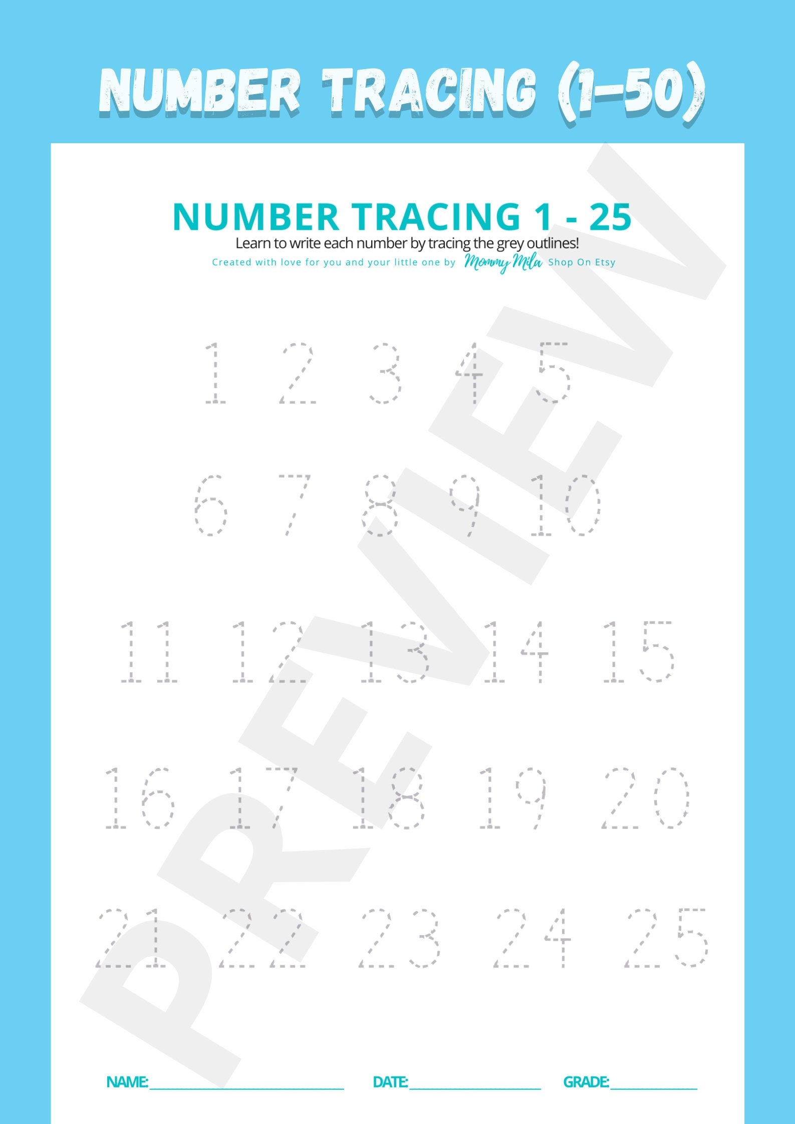 Number Tracing Worksheet - 1 to 50 by Mommy Mila {preschool/ Prek ...