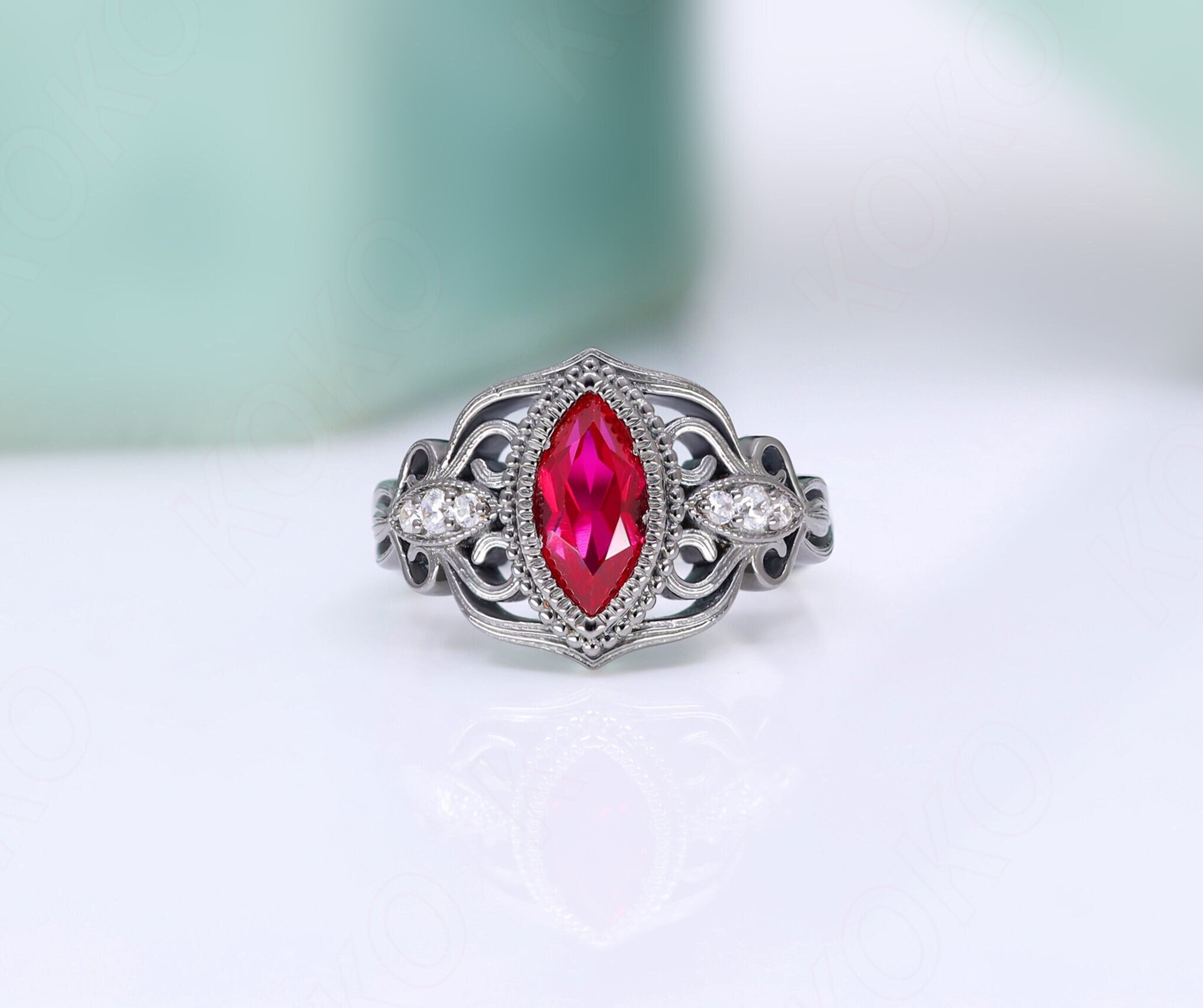 Victorian Ruby Moissanite Ring: Black Rhodium Filigree, 925 Silver - Etsy
