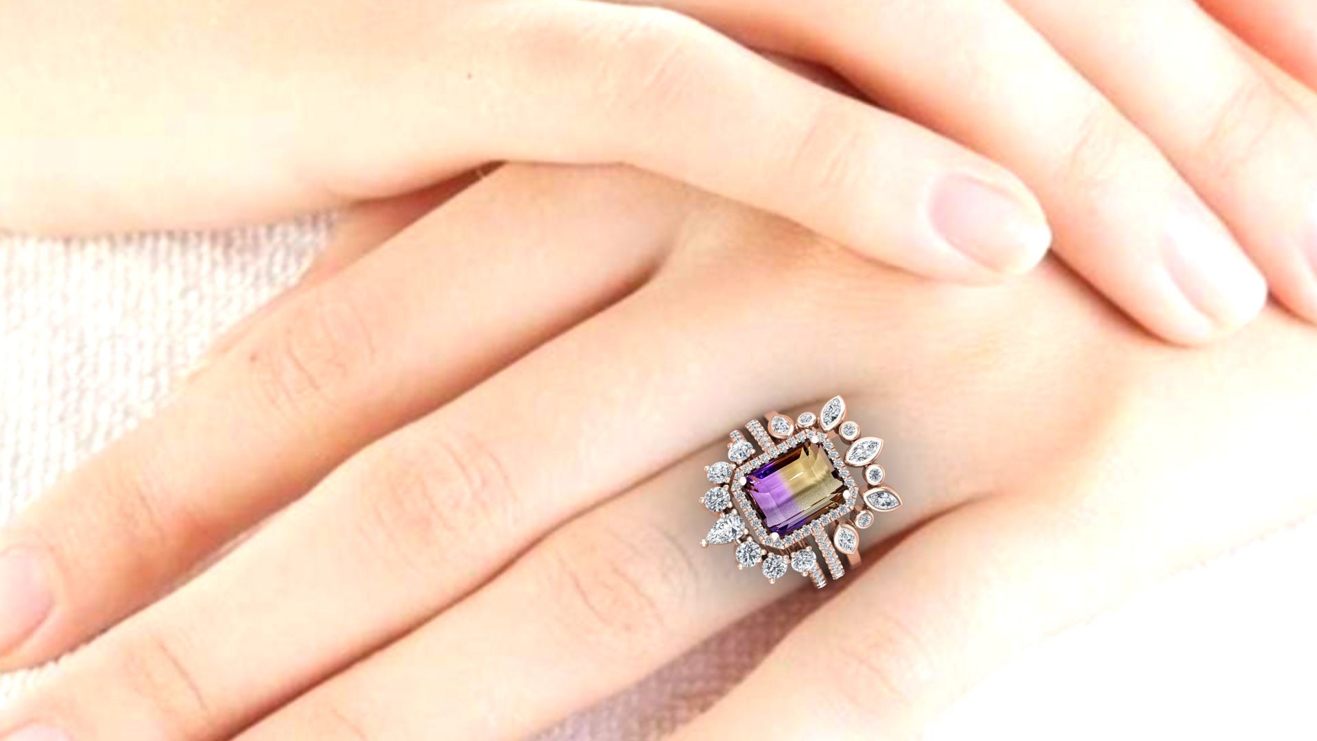 Emerald Cut Bio Color Ametrine Bridal Ring Set, Vintage Art Deco Unique ...