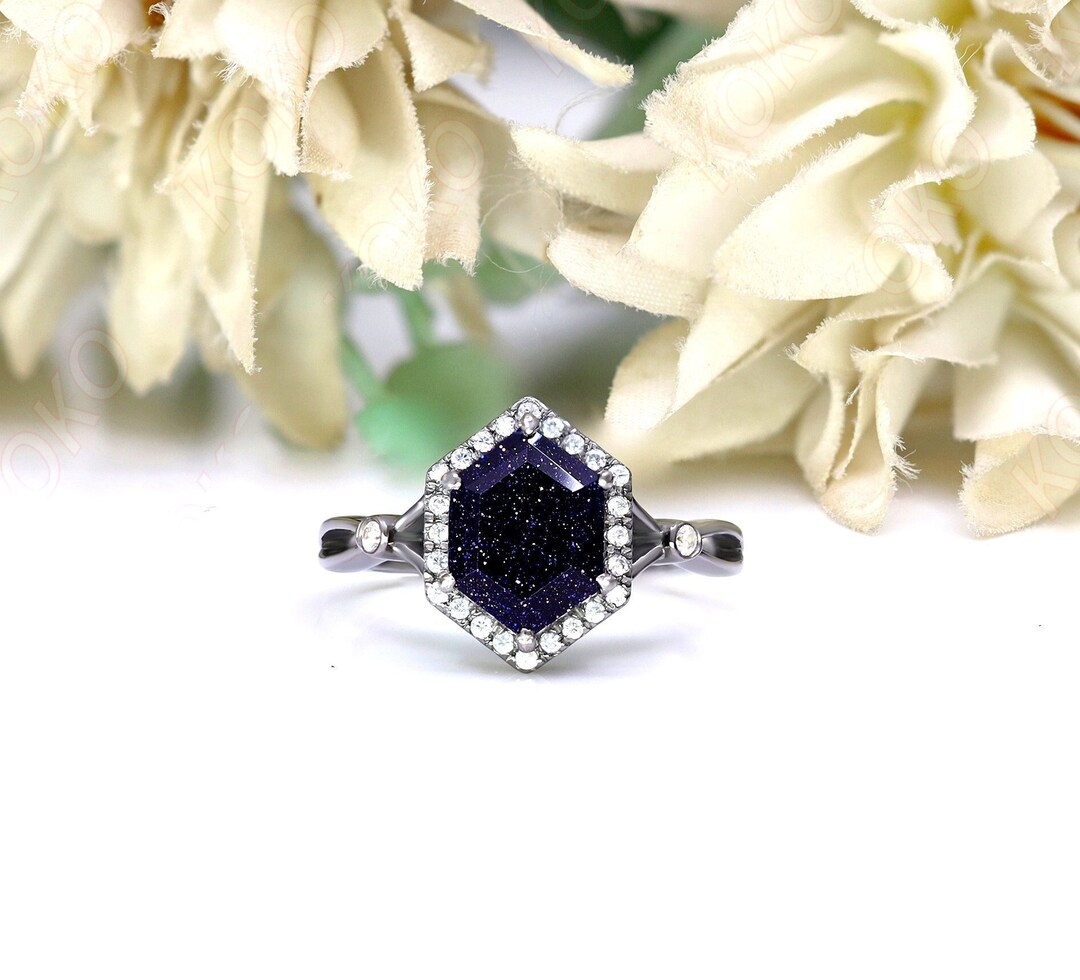 Natural Blue Sandstone Black Rhodium Moissanite Halo Ring Unique Art ...