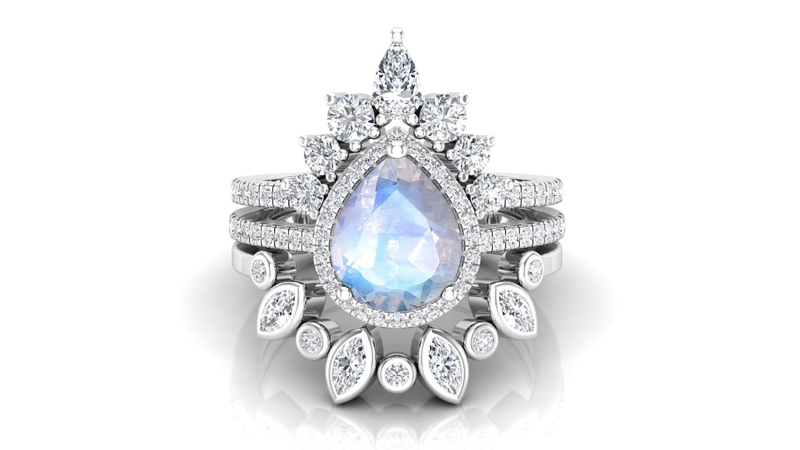 3Pcs Wedding Ring Set Natural Moonstone Engagement Ring Set | Etsy