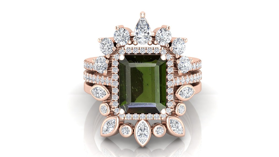 Emerald Cut Moldavite Engagement Ring Set for Woman, Vintage Art Deco ...
