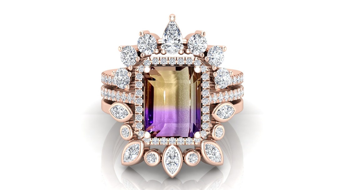 Emerald Cut Bio Color Ametrine Bridal Ring Set, Vintage Art Deco Unique ...