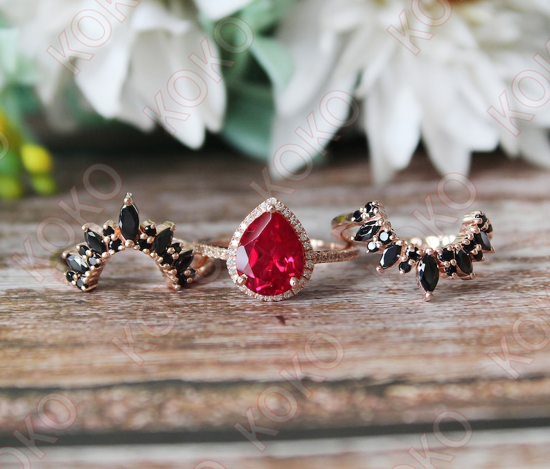 Pear Shape Ruby Bridal Ring Set Vintage Art Deco Ruby - Etsy