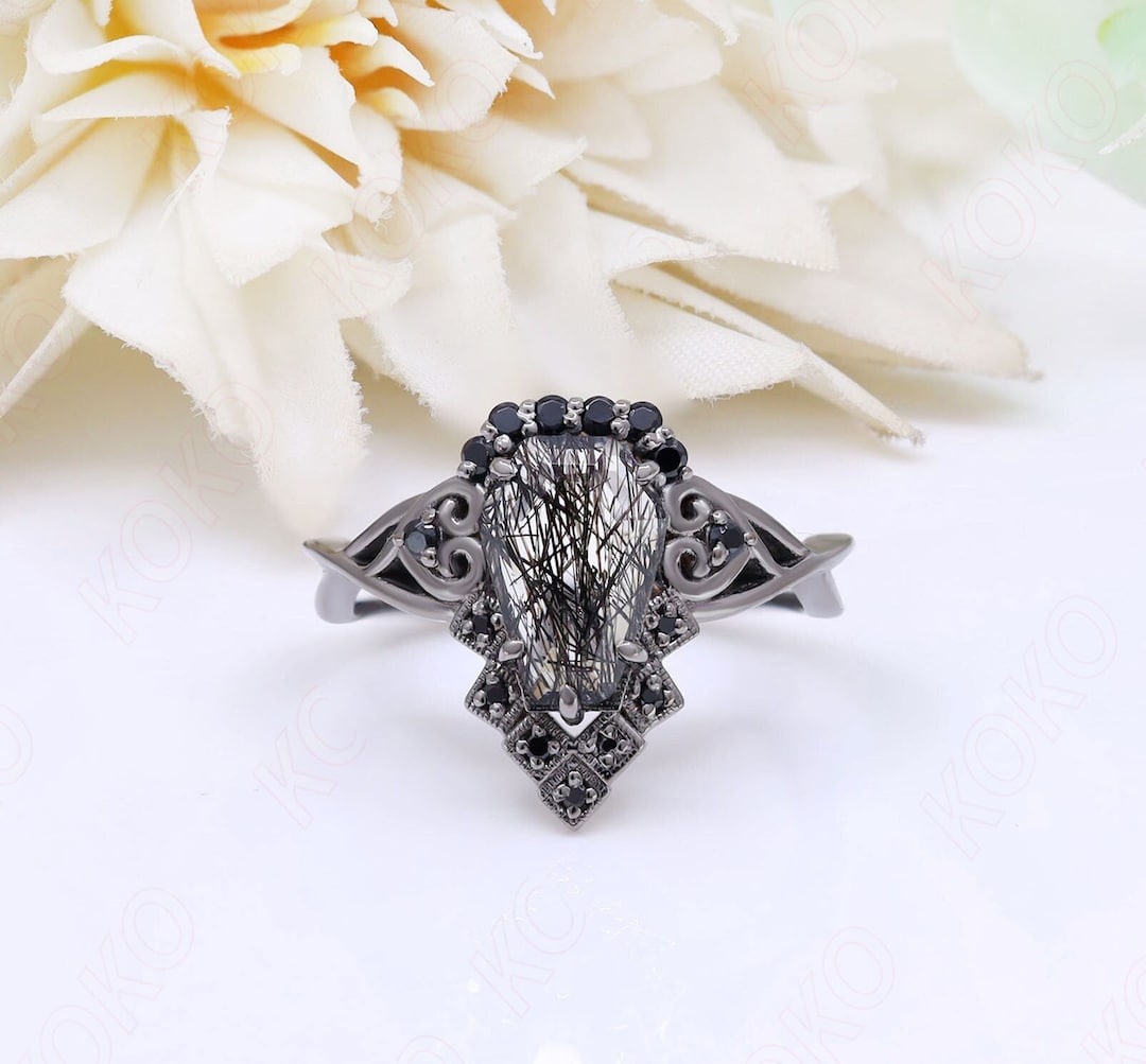 Unique Coffin Cut Black Rutile Gemstone 14K Black Gold Delicate ...