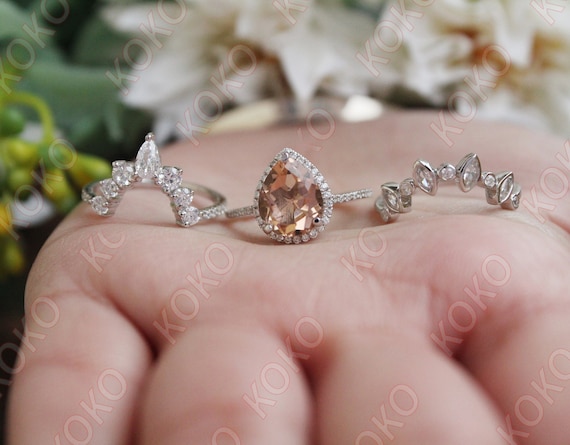 Morganite Engagement Ring Set Antique 3pcs Wedding Bridal | Etsy