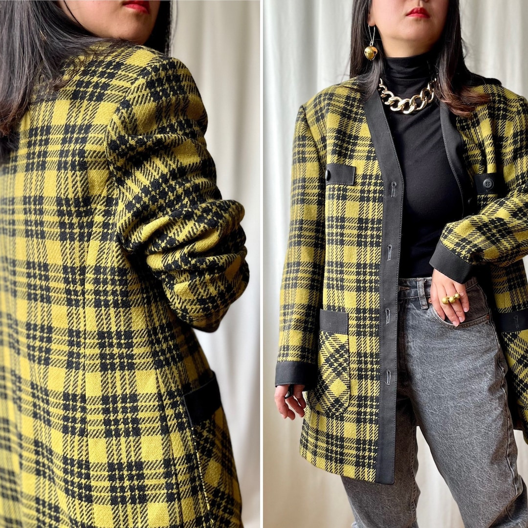 80s Light Wool Coat Checker Mustard Black Houndstooth Long Blazer - Etsy