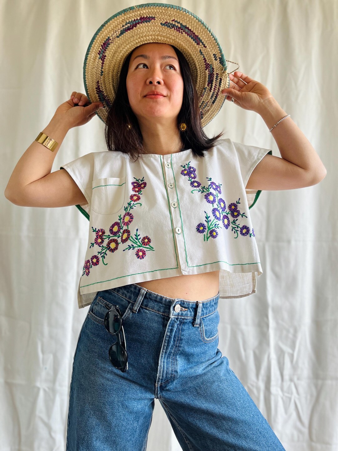 A Piece of Passion - Boxy Cropped Button Top With Summer Flowers - Etsy