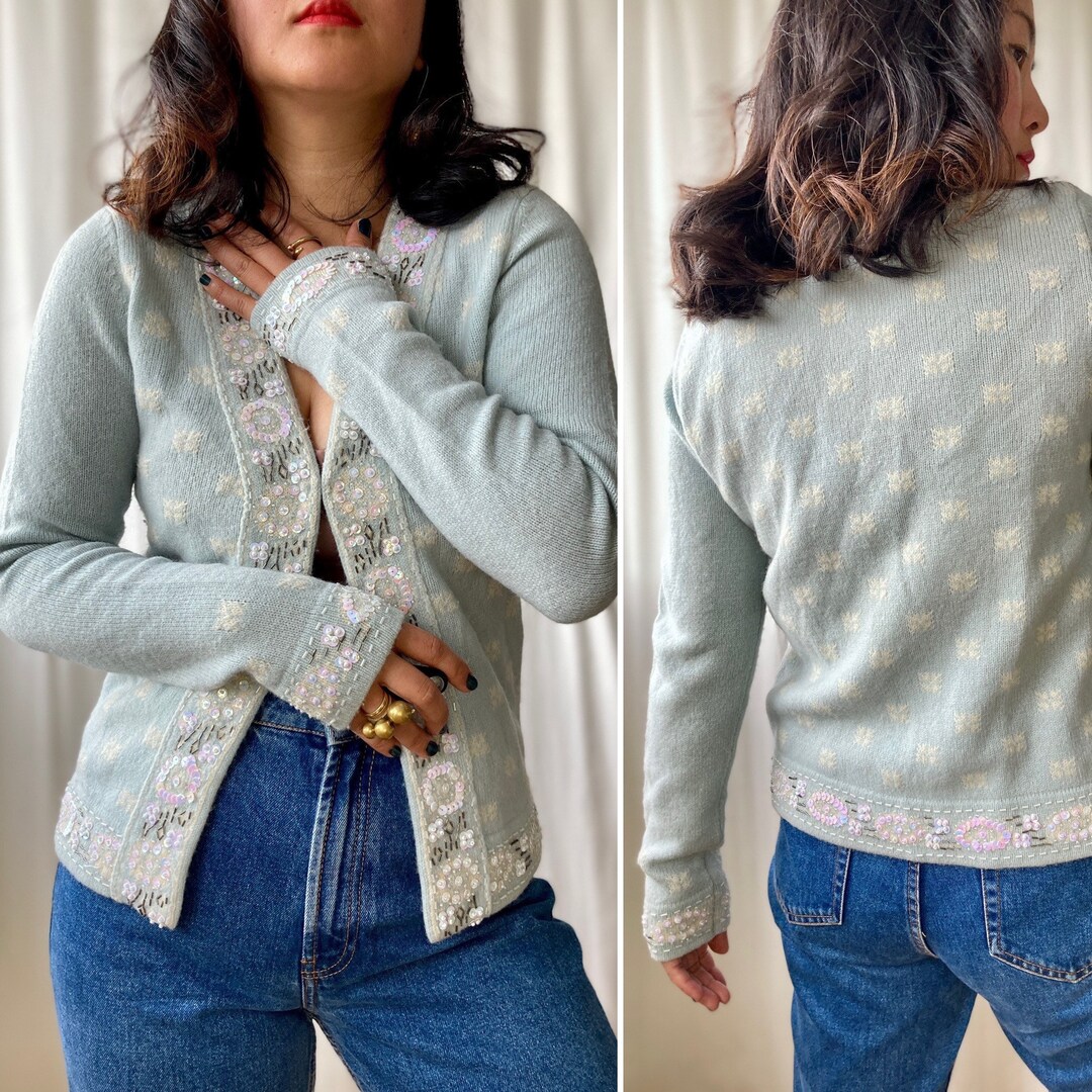 Vintage 90s Bead Embroidered Baby Blue Cardigan SMALL Soft - Etsy
