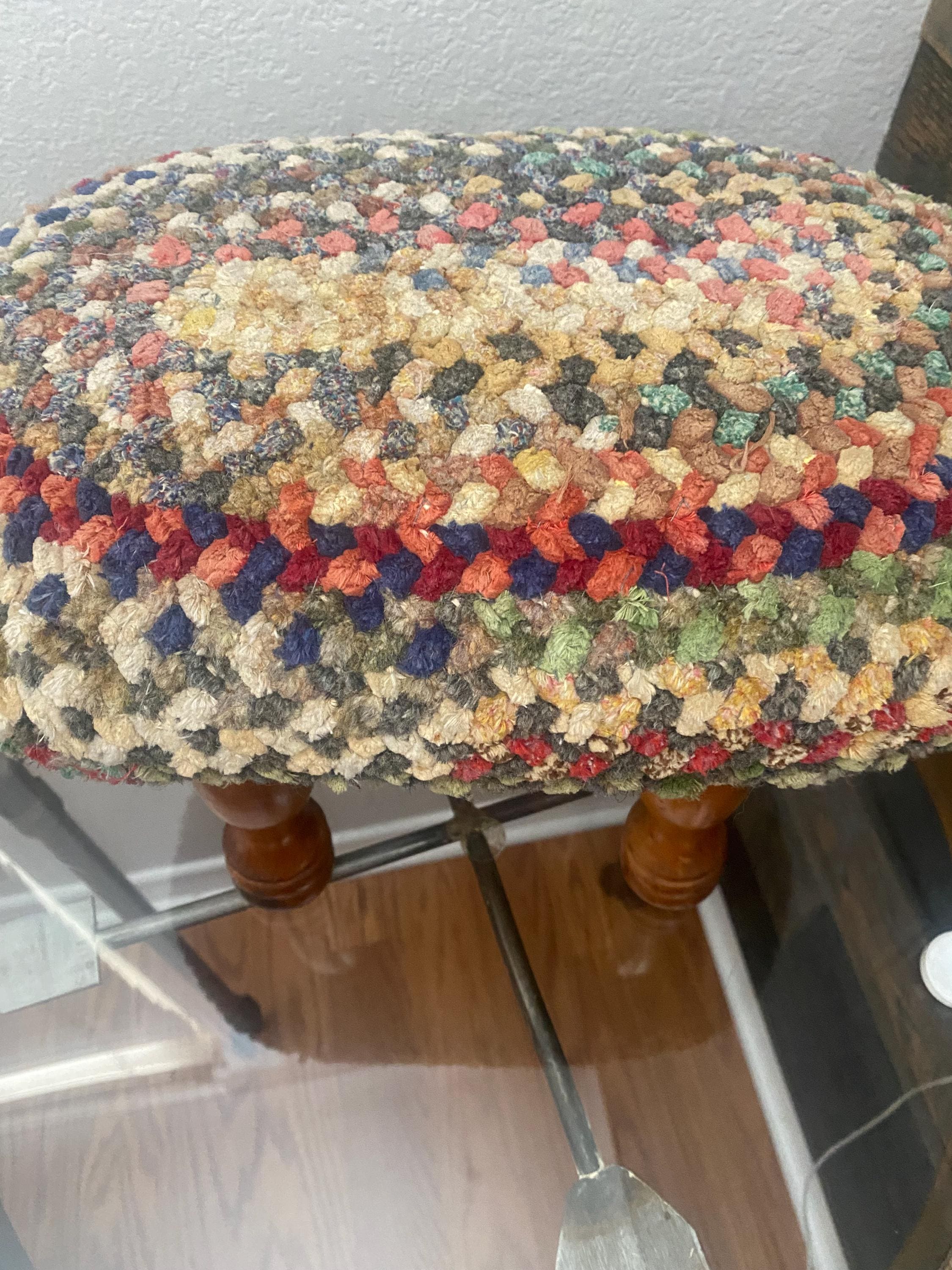 Vintage French Country Multi-colored Braided Footstool With Wooden Legs ...