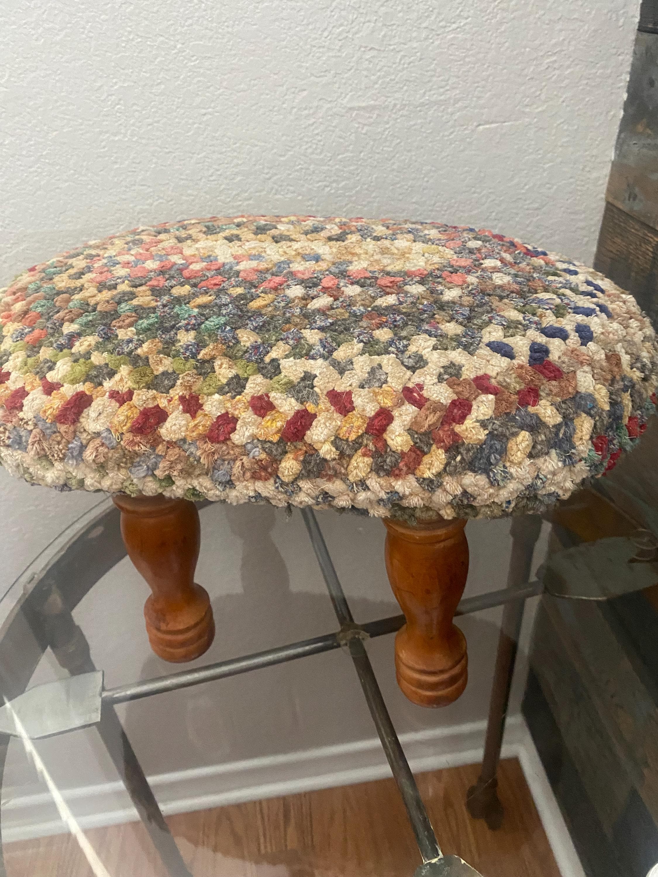 Vintage French Country Multi-colored Braided Footstool With Wooden Legs ...
