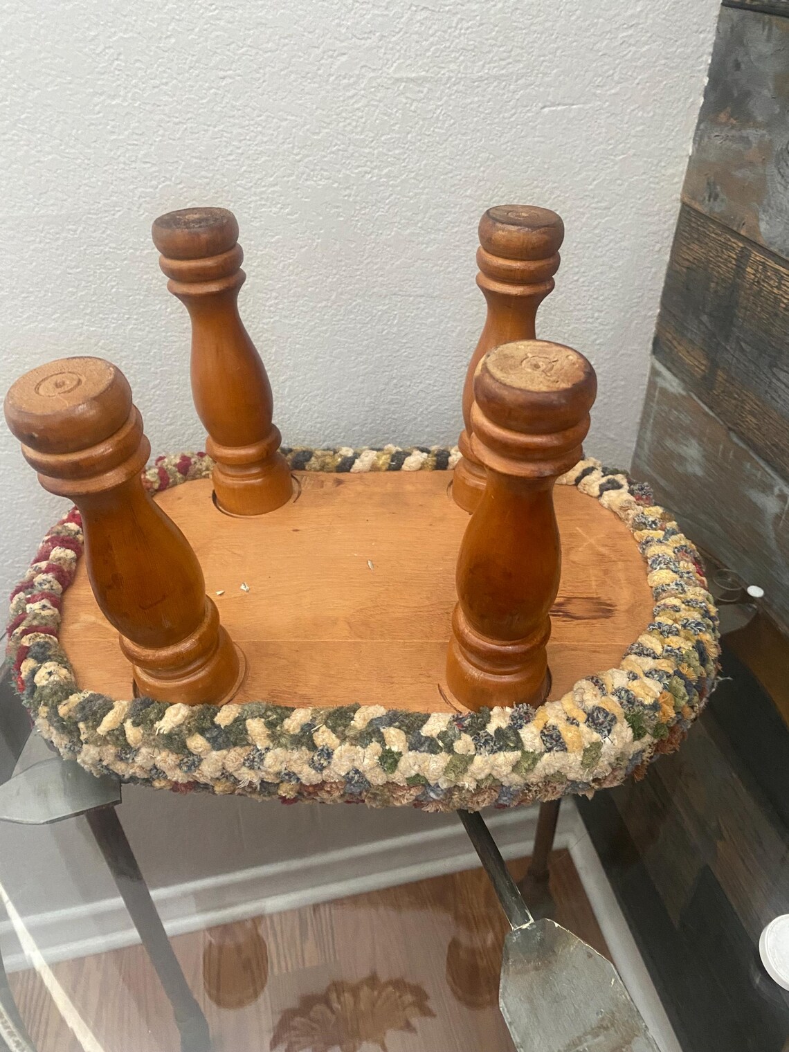 Vintage French Country Multi-colored Braided Footstool With Wooden Legs ...