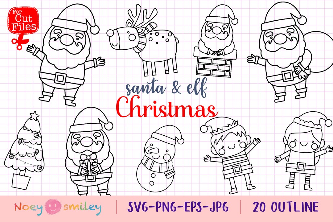 Santa & Elf Outline Clipart SVG Xmas Merry Christmas - Etsy