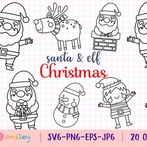 Santa & Elf Outline Clipart SVG Xmas Merry Christmas - Etsy