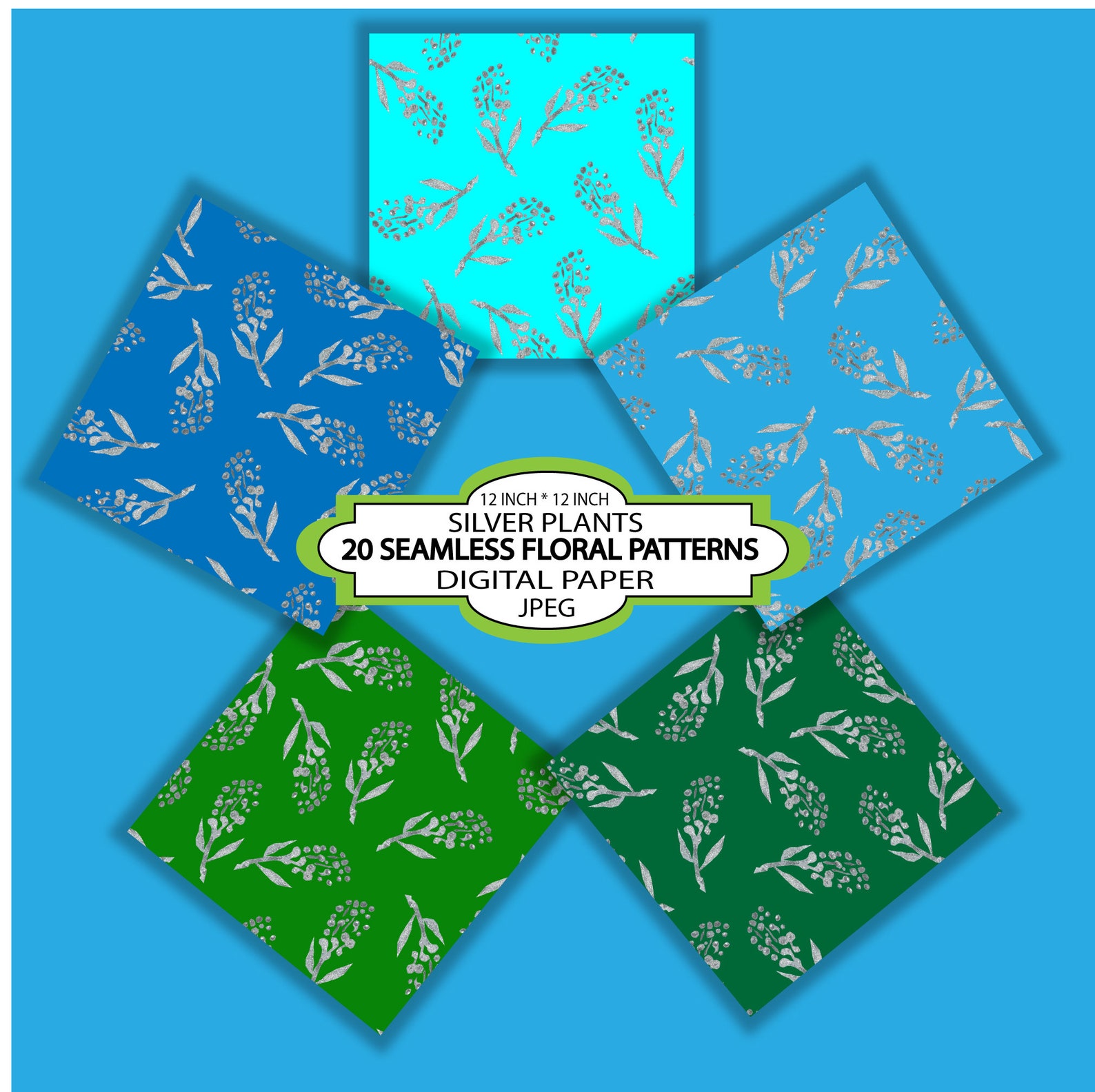 Silver Flowers on a Colourful Backgrounds, Digital Paper, Seamless ...