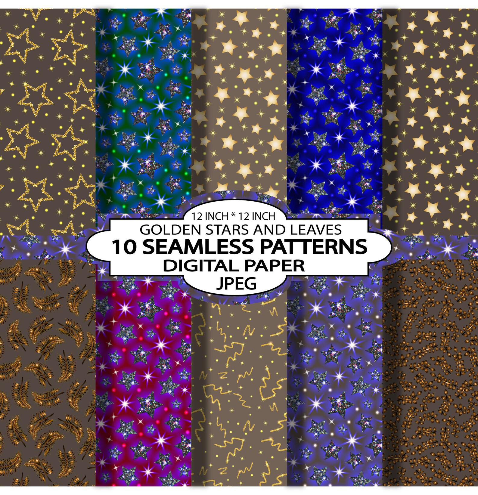 Hand Drawn Shining Stars and Leaves, Colourful Backgrounds, Digital ...