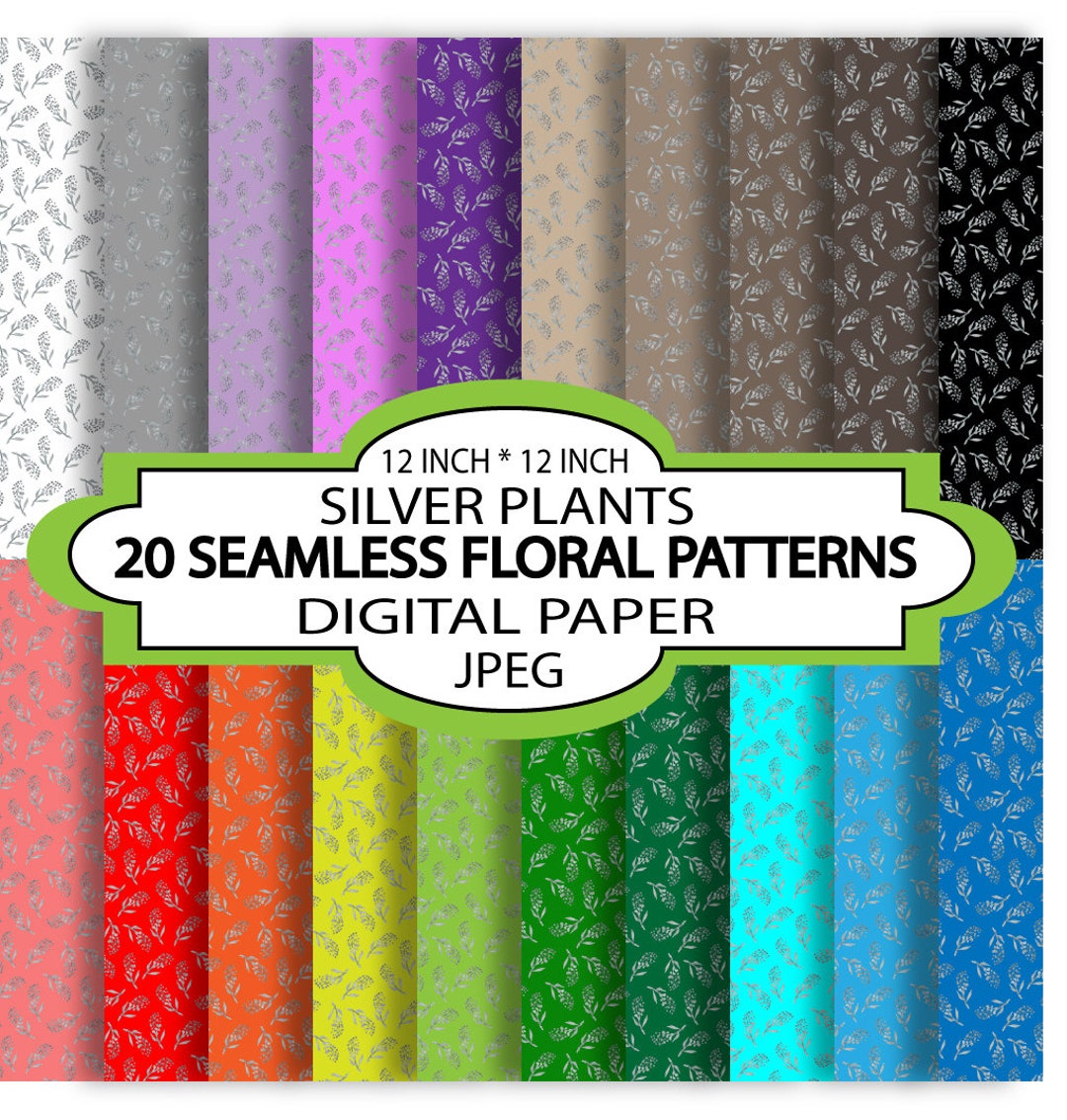 Silver Flowers on a Colourful Backgrounds, Digital Paper, Seamless ...
