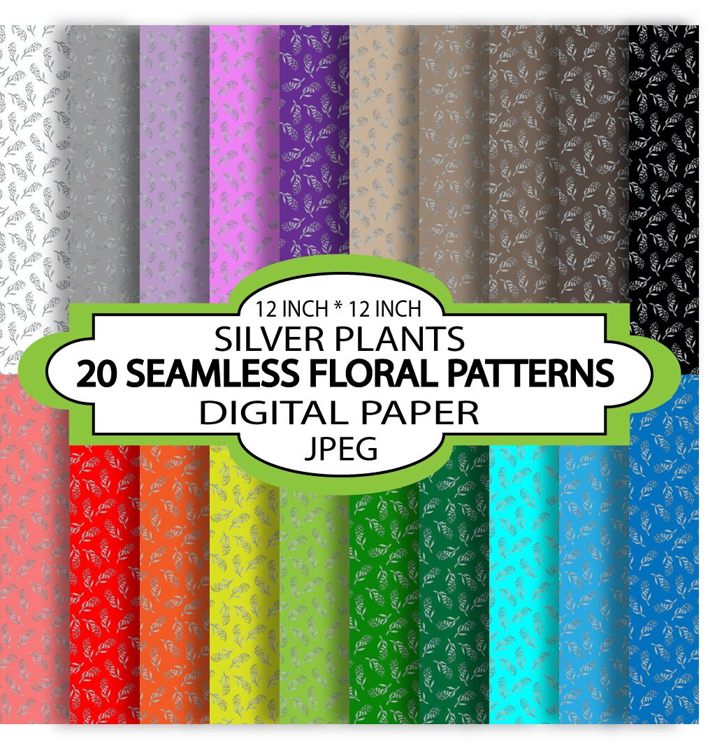 Silver Flowers on a Colourful Backgrounds, Digital Paper, Seamless ...