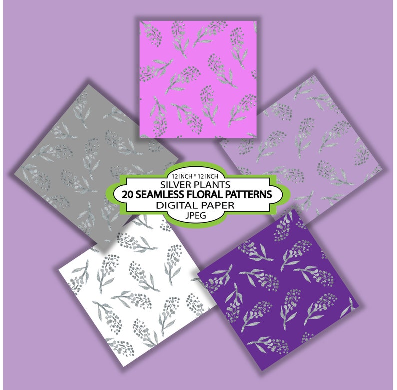 Silver Flowers on a Colourful Backgrounds, Digital Paper, Seamless ...