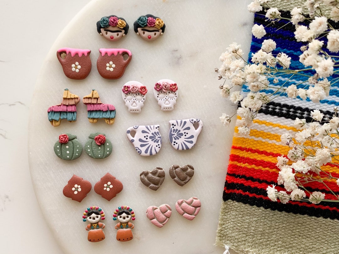 Mexican Inspired Clay Earrings, Mini Frida Studs, Concha Stud Earrings ...